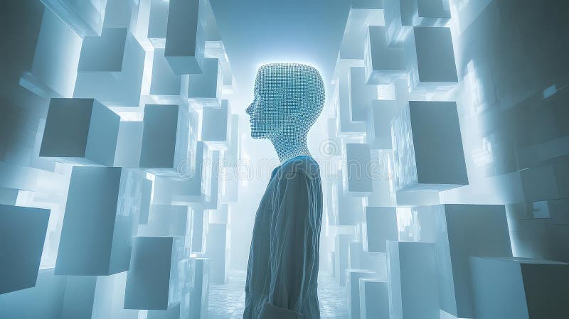 Futuristic Digital Human in a Virtual Reality Environment Surrounded by ...