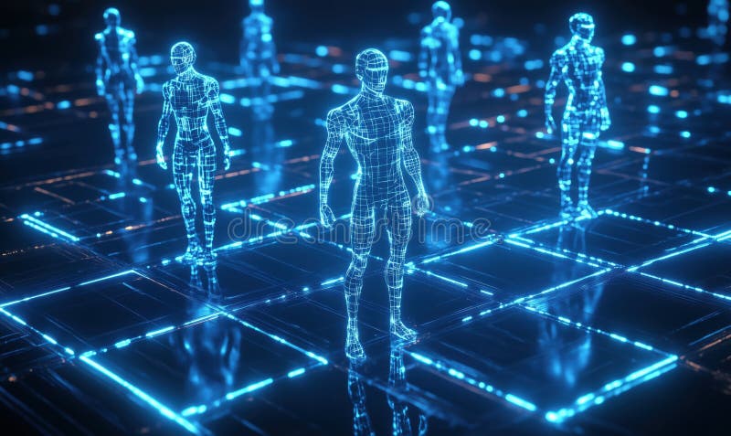 Futuristic Digital Humanoid Figures in Glowing Grid Environment ...