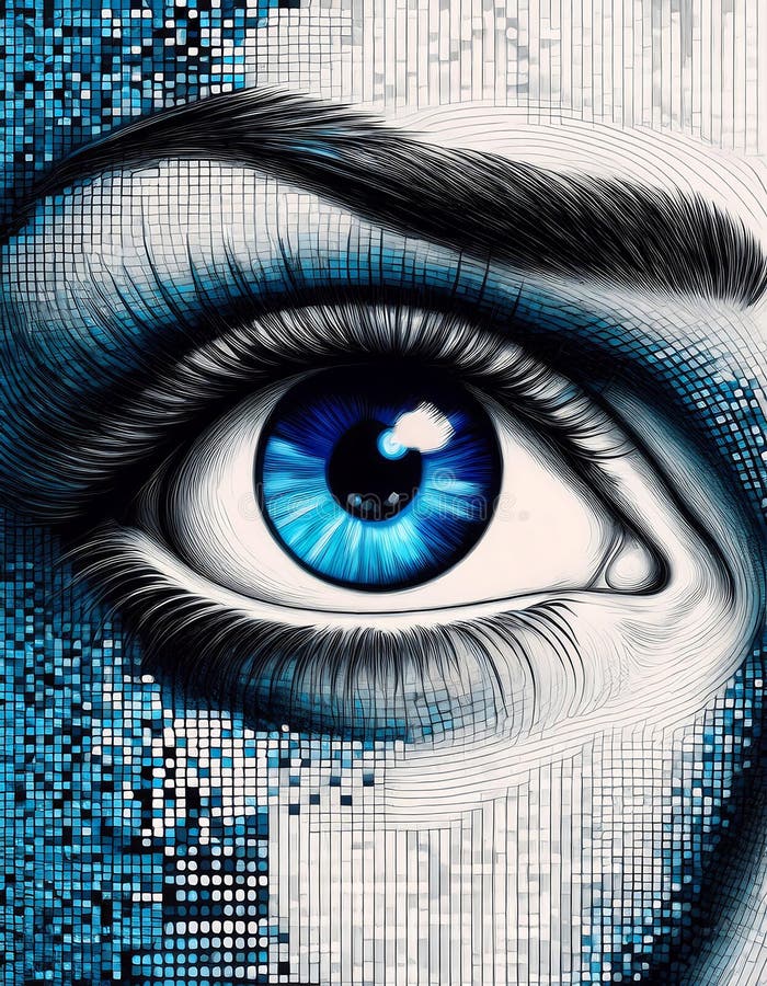 Futuristic Digital Illustration of a Blue Eye with Pixelated Abstract ...