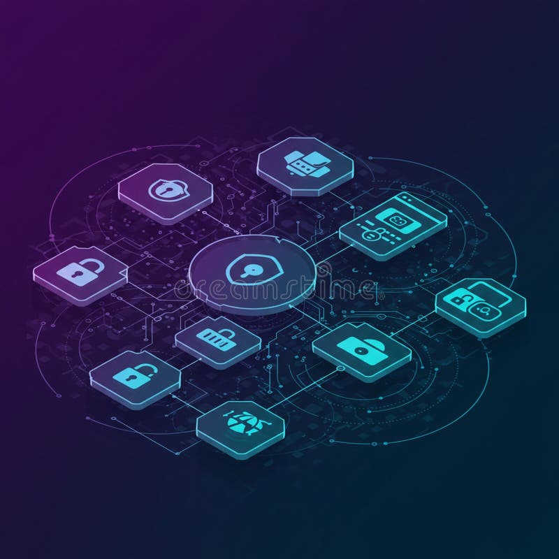 Futuristic Digital Illustration with a Circular Layout of Glowing Icons ...