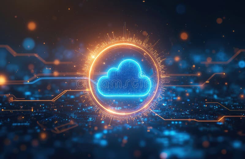 Futuristic Digital Illustration of Cloud Icon in Blue, Orange Glow. Abstract Motion Shows ...