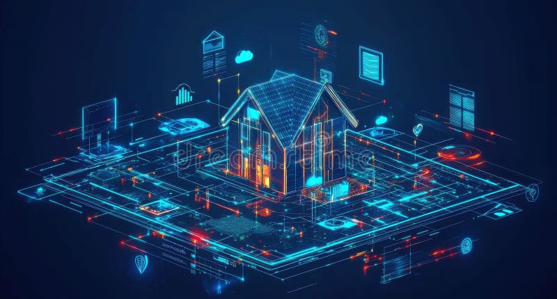 Futuristic Digital Illustration of a Connected Smart Home System Stock ...