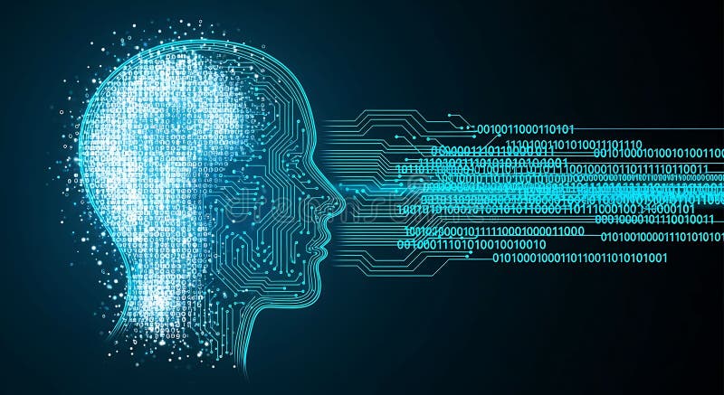 Artificial Intelligence Head Silhouette with Binary Code Data Stream Concept Design Stock ...