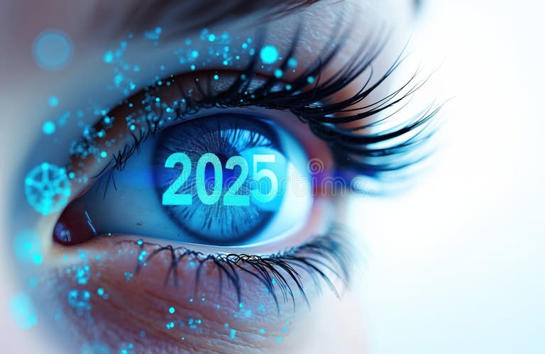 Futuristic Digital Illustration Eye with Year 2025 Inside Iris. Cyber Technology, Data Patterns ...