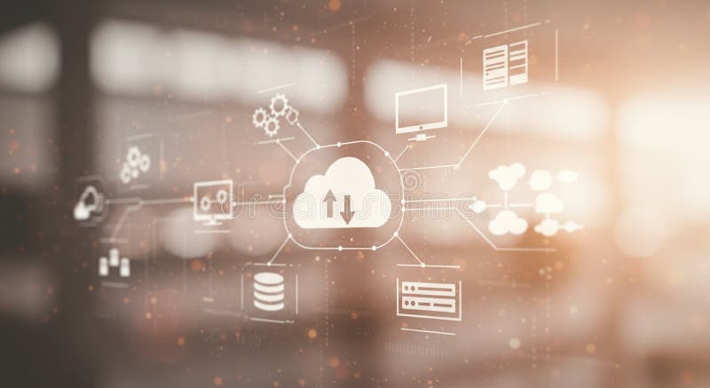 Futuristic Digital Illustration Featuring Cloud Computing Concepts. a Central Cloud Icon Stock ...