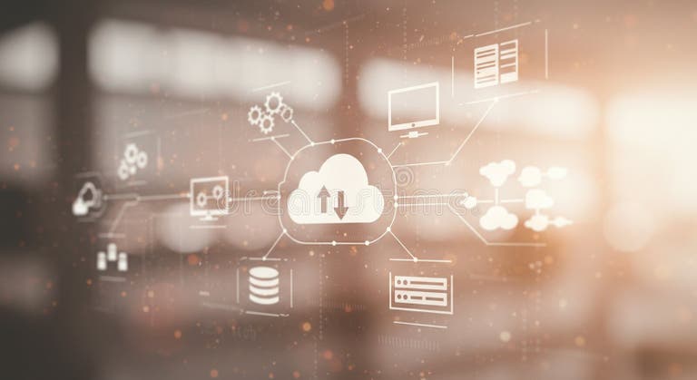 Futuristic Digital Illustration Featuring Cloud Computing Concepts. a Central Cloud Icon Stock ...