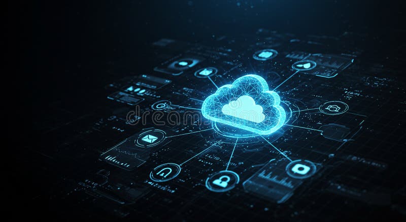 Futuristic Digital Illustration Featuring a Glowing Blue Cloud Icon at ...