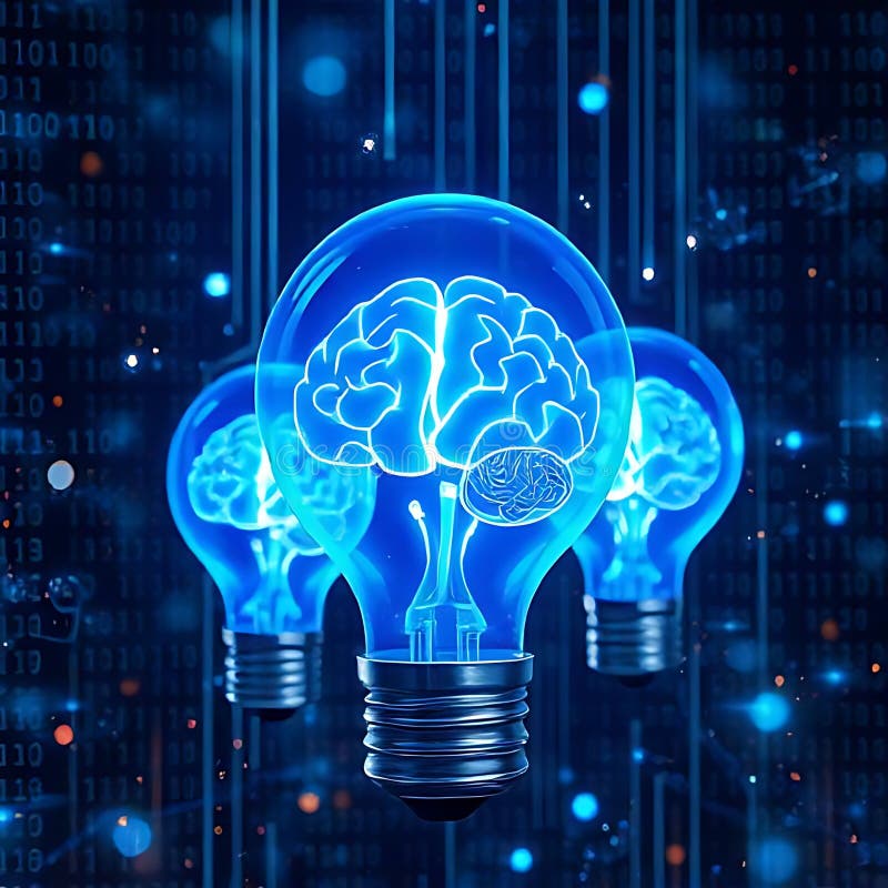Innovation and Intelligence Concept with Glowing Digital Brain Bulbs ...