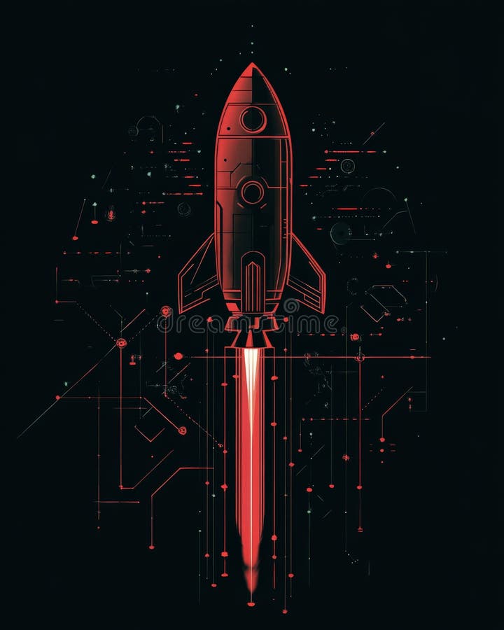 Futuristic Digital Illustration of a Glowing Rocket Launching Amidst ...