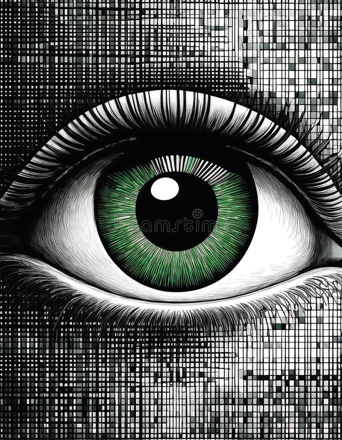 Futuristic Digital Illustration of a Green Eye with Pixelated Abstract ...