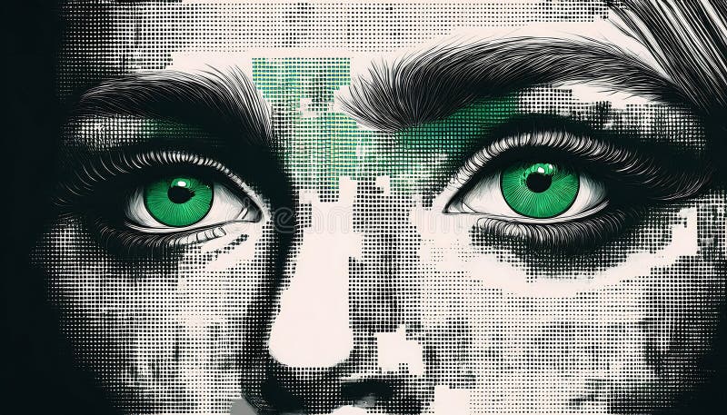 Futuristic Digital Illustration of a Green Eye with Pixelated Abstract ...