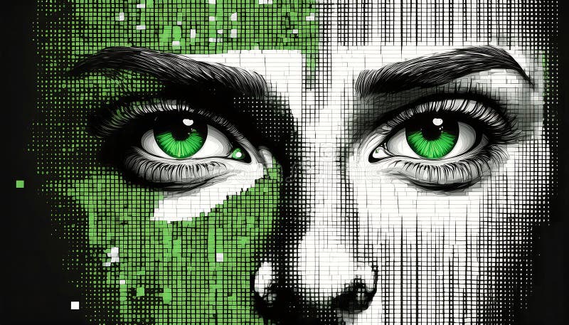 Futuristic Digital Illustration of a Green Eye with Pixelated Abstract ...