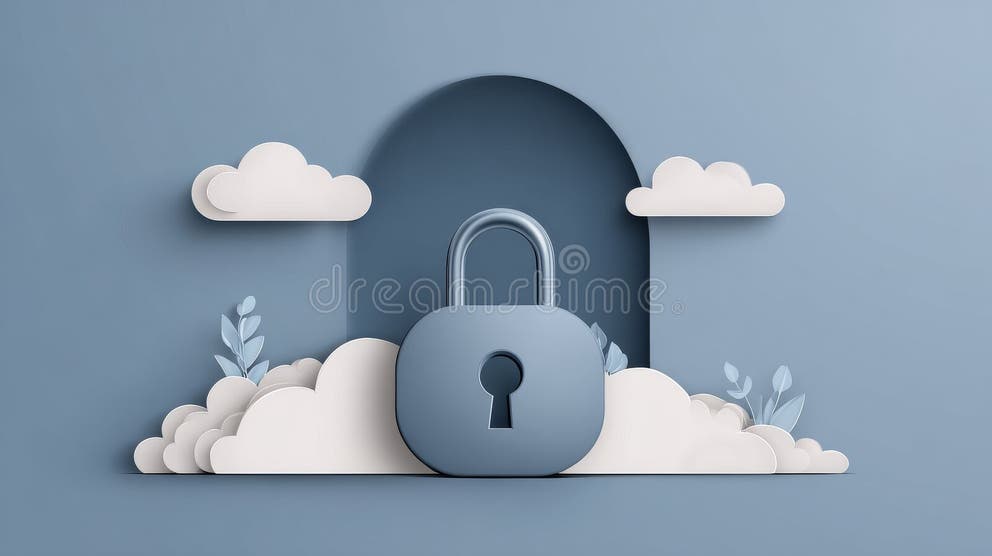 A Futuristic Digital Illustration of a Secure Padlock Surrounded by Ethereal Cloud Layers ...