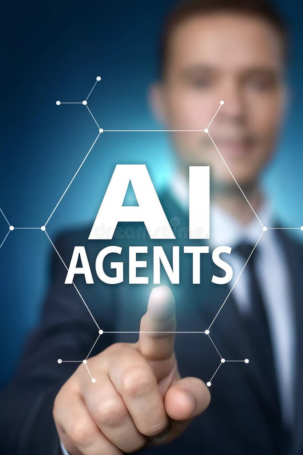 Futuristic AI Agent Interaction with Virtual Interface. Person in Suit ...