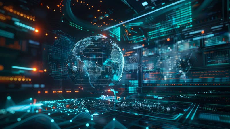 Futuristic Digital Infographic, Holographic Globe, Interactive Graphs ...