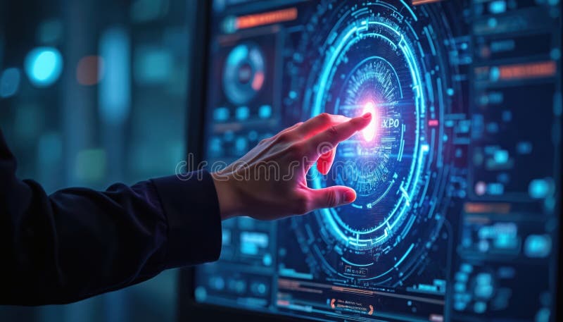 Futuristic digital interface advanced tech concept. Human hand interacts touch screen with ...