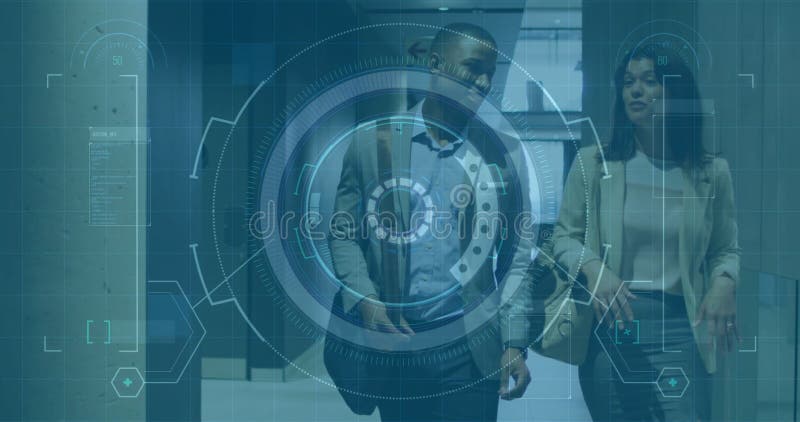 Futuristic Digital Interface Animation Over Two People Walking in ...