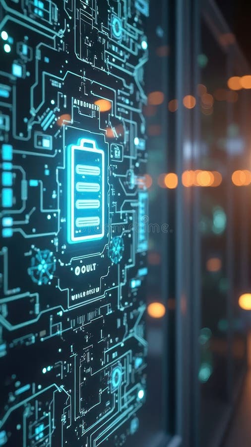 Futuristic Digital Interface with Battery Icon and Circuitry on Neon ...