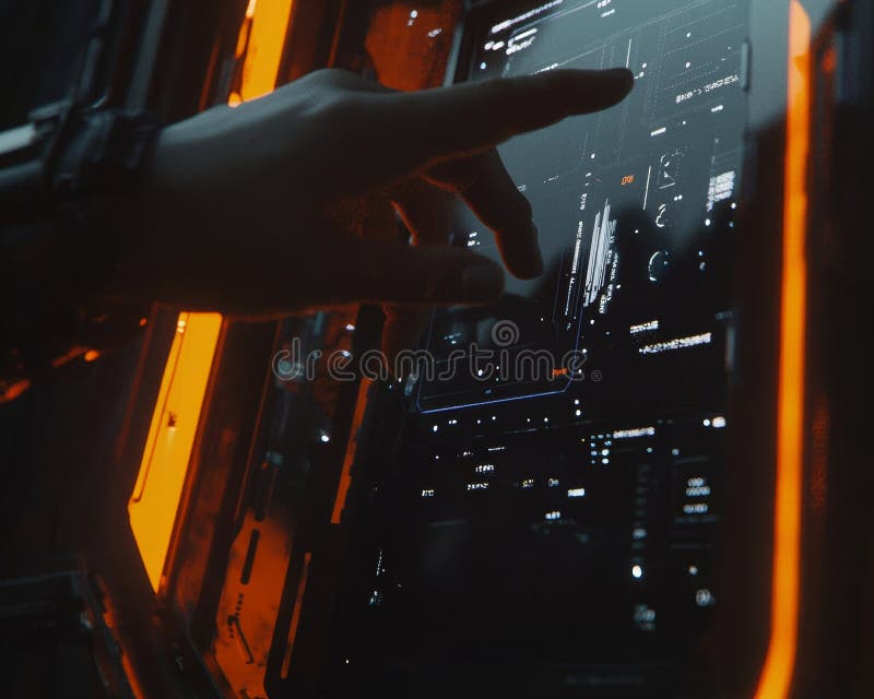 Futuristic Digital Interface Being Interacted with by a Hand, Labeled ...