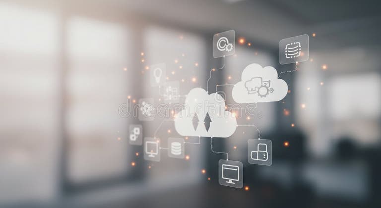 Futuristic Digital Interface with Cloud Computing Concepts. Centralized Cloud Icons are Stock ...