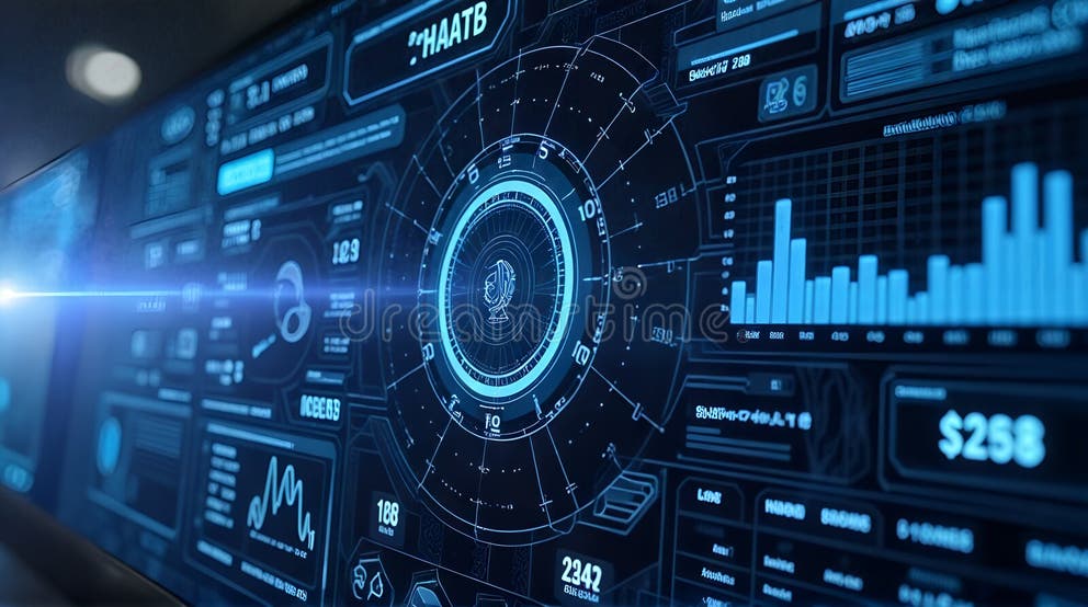 Futuristic Digital Interface with Data Analytics and Holographic Blue ...