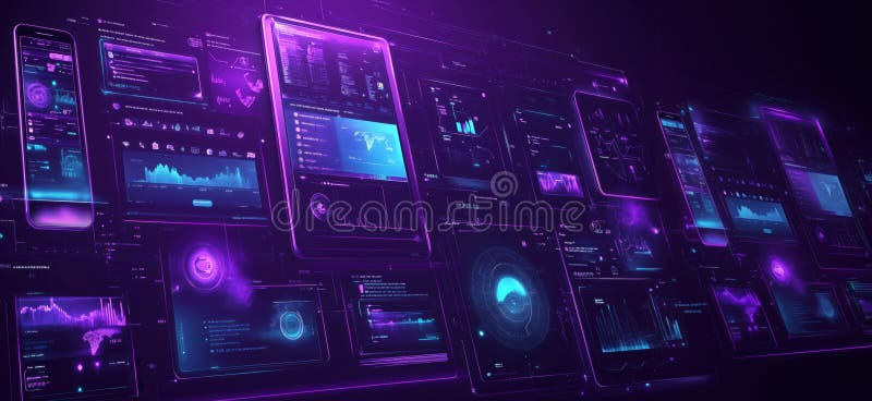 Futuristic Digital Interface with Data Visualizations, Graphs, and Analytics. Multiple Screens ...