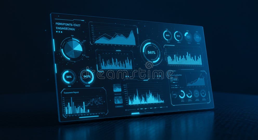 Futuristic Digital Interface Display Featuring Various Data Visualizations. Includes Pie Stock ...