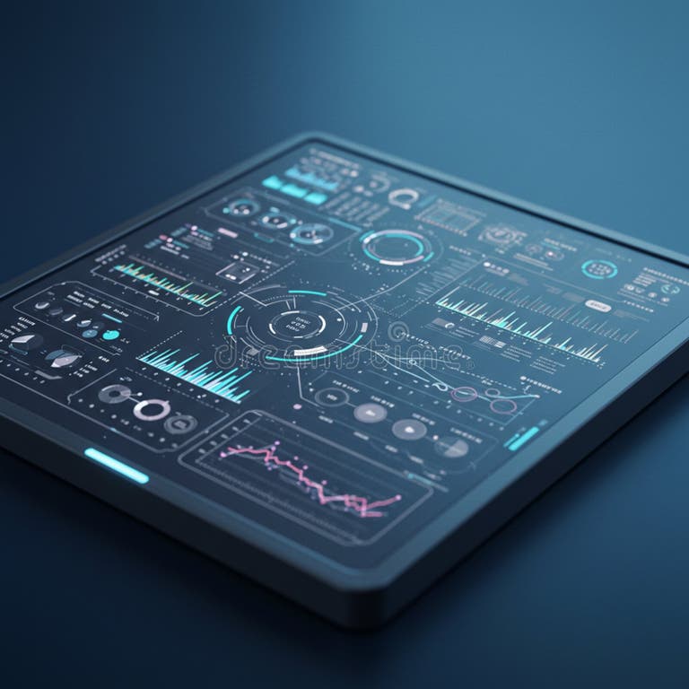 Futuristic Digital Interface Displayed on a Sleek, Dark-framed Tablet ...