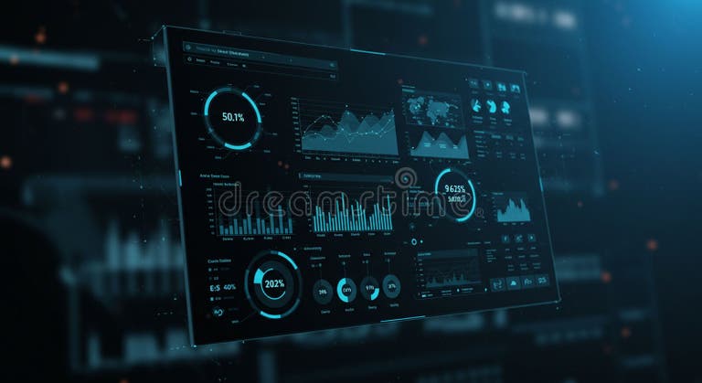 A Futuristic Digital Interface Displaying Analytical Data Visualizations. it Includes Stock ...