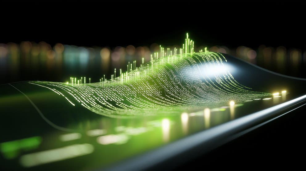 A Futuristic Digital Interface Displaying Cascading Binary Code Streams In Glowing Green Stock