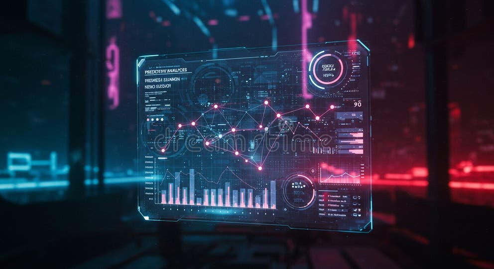 Futuristic Digital Interface Displaying Complex Data Visualizations. Features Include Stock ...