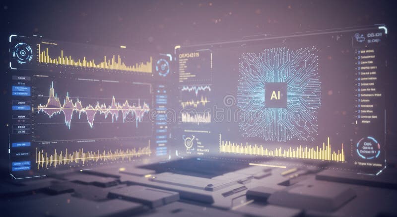 Uturistic Digital Interface Displaying Data Analysis on Multiple Screens. Prominent Stock ...