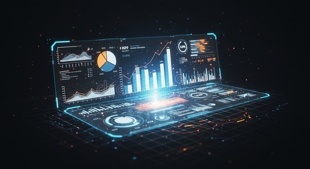 Futuristic Digital Interface Displaying Data Analytics, Featuring Bar Graphs, Pie Cha Stock ...