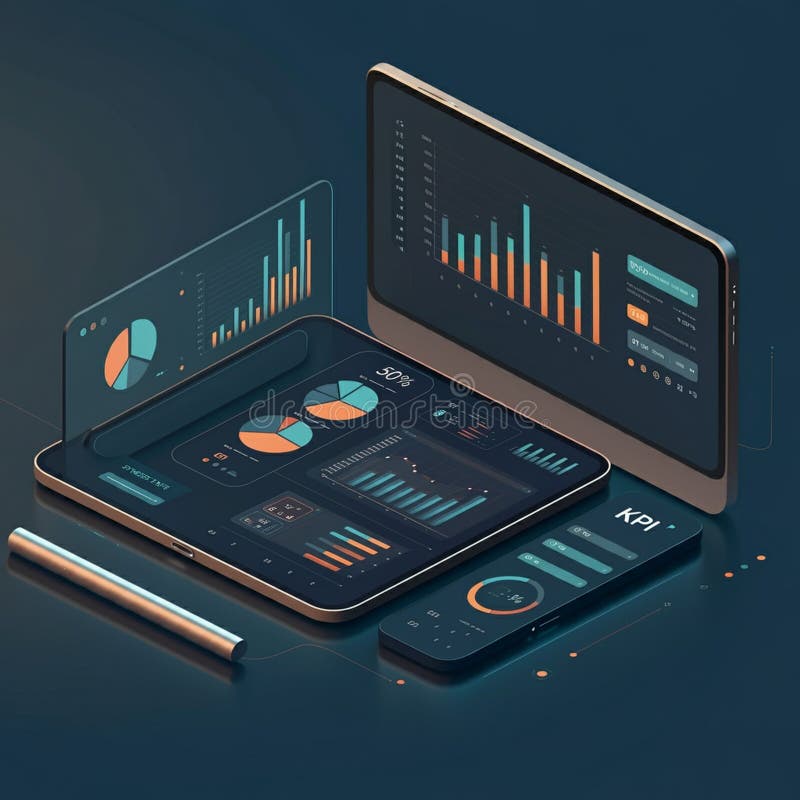 Futuristic Digital Interface Displaying Data Analytics on Multiple Screens. Includes Bar Stock ...