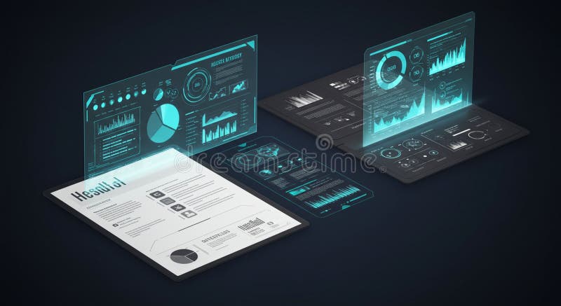 Futuristic Digital Interface Displaying Data Visualizations, Including Bar Graphs, Pie Stock ...
