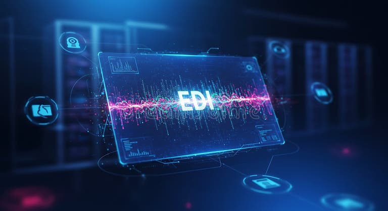 Futuristic Digital Interface Displaying "EDI" in the Center, Surrounded by a Neon Stock ...