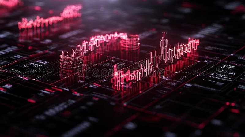 A Futuristic Digital Interface Displaying Glowing Red Data Charts and Graphs, Representing ...