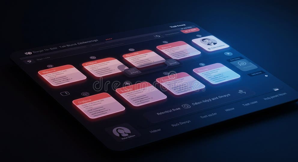 Futuristic Digital Interface Displaying a Grid of Floating, Translucent Cards with Rounded Stock ...