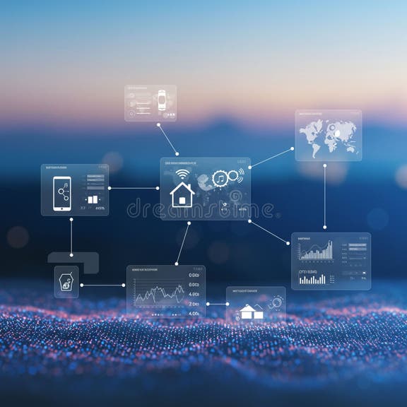 Futuristic Digital Interface Displaying Interconnected Elements Over a Blurred Stock ...