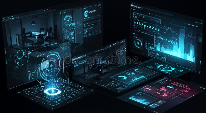 Futuristic Digital Interface Displaying Multiple Holographic Screens ...
