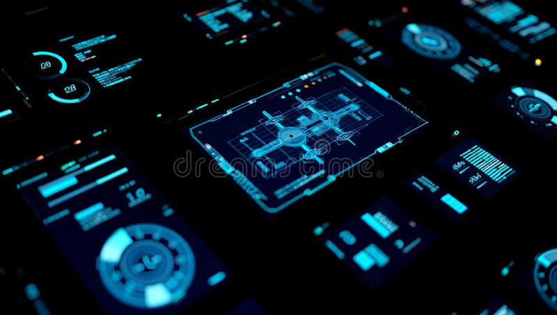 Futuristic Digital Interface Displaying Technical Schematics and Data ...