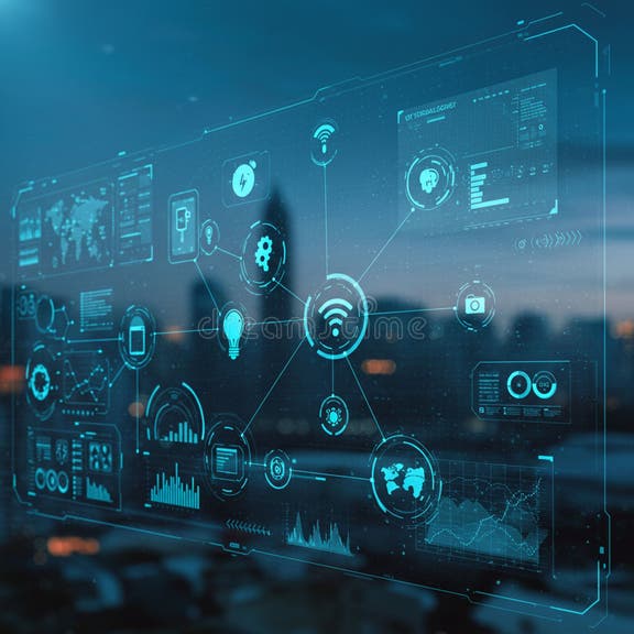 Futuristic Digital Interface Displaying Various Data Visualizations and Icons in a Stock ...