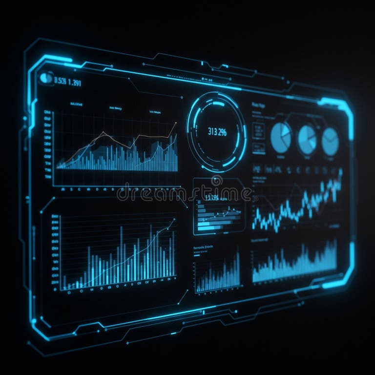 A Futuristic Digital Interface Displaying Various Data Visualizations. Includes Bar Stock ...