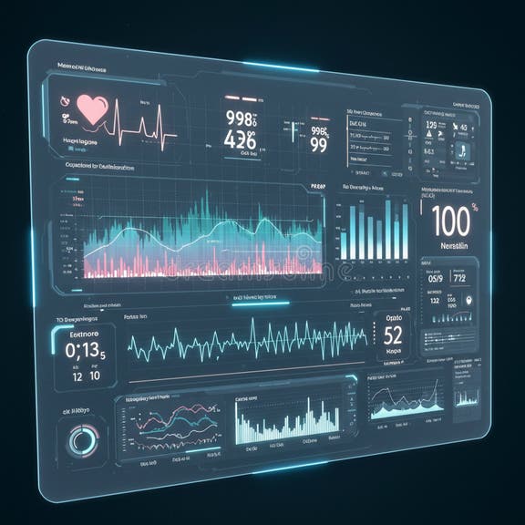 Futuristic Digital Interface Displaying Various Data Visualizations, Including Bar Graphs, Stock ...