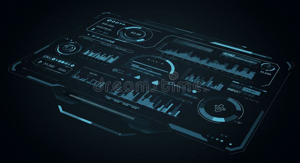 Futuristic Digital Interface Displaying Various Data Visualizations, Including Charts, Stock ...