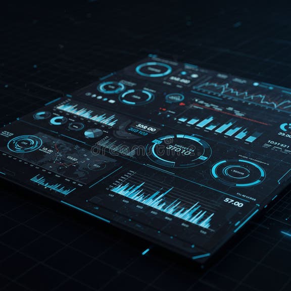 Futuristic Digital Interface Displaying Various Data Visualizations Including Graphs, Stock ...