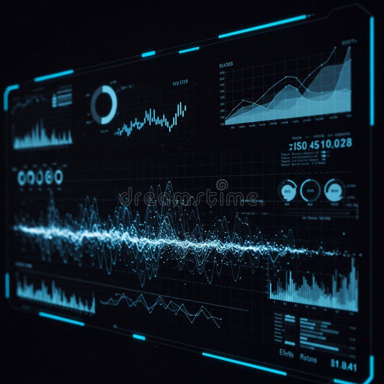 Futuristic Digital Interface Displaying Various Data Visualizations, Including Line Graphs ...