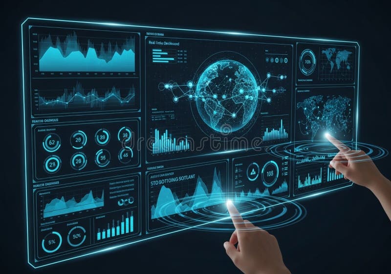Futuristic Digital Interface Displaying Various Data Visualizations ...