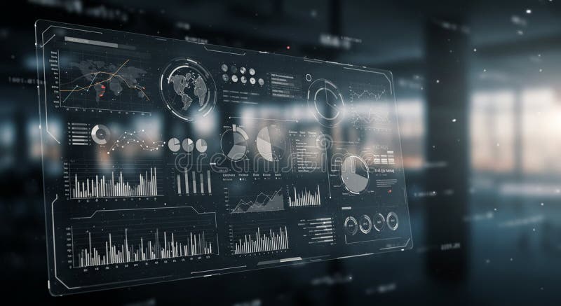 A Futuristic Digital Interface Displays Complex Data Visualizations, Including World Stock ...