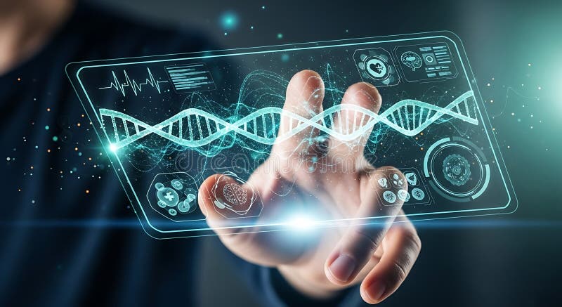 Futuristic Digital Interface Displays Dna Helix and Scientific Data Stock Image - Image of ...